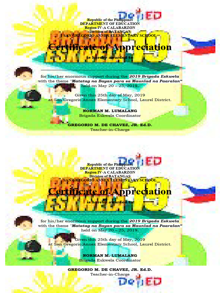 2019 BRIGADA ESKWELA Sample Certificate for DONOR | PDF | Public Law ...