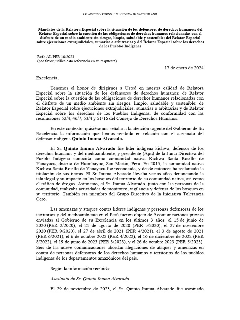 Carta de Relatores de La ONU Por El Asesinato Del Apu Quinto Inuma ...