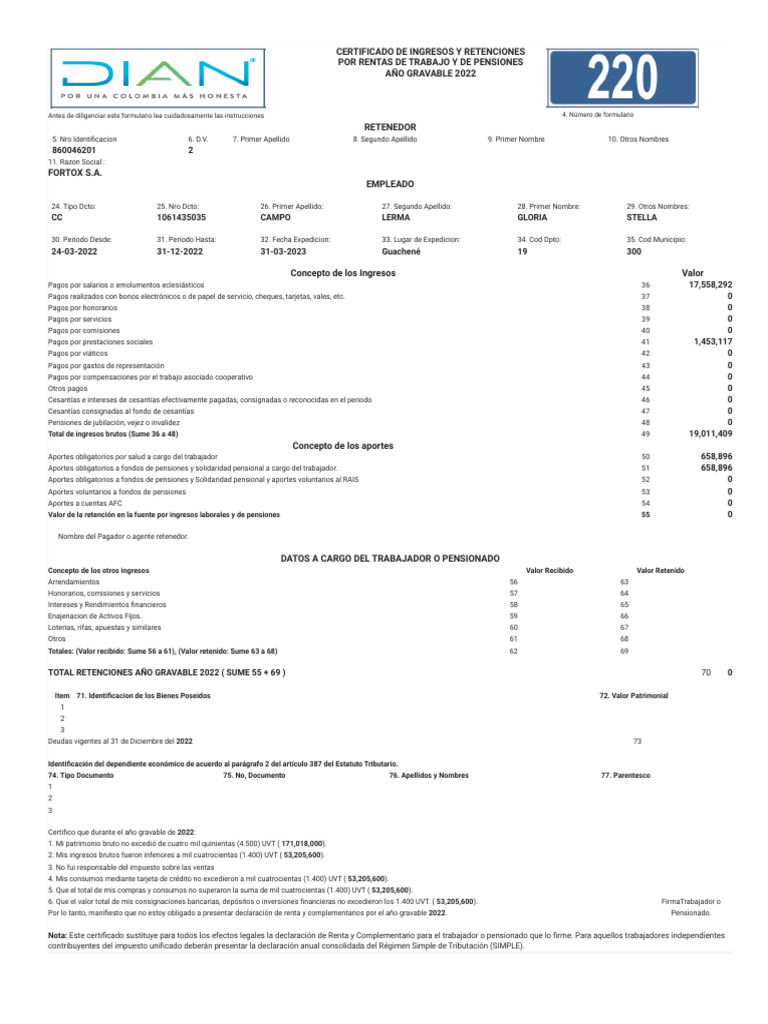 Certificado Ingresos y Retencion | PDF | Pensión