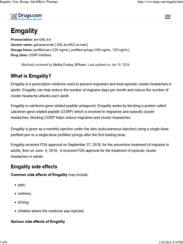 Emgality Uses, Dosage, Side Effects, Warnings | PDF | Dose ...