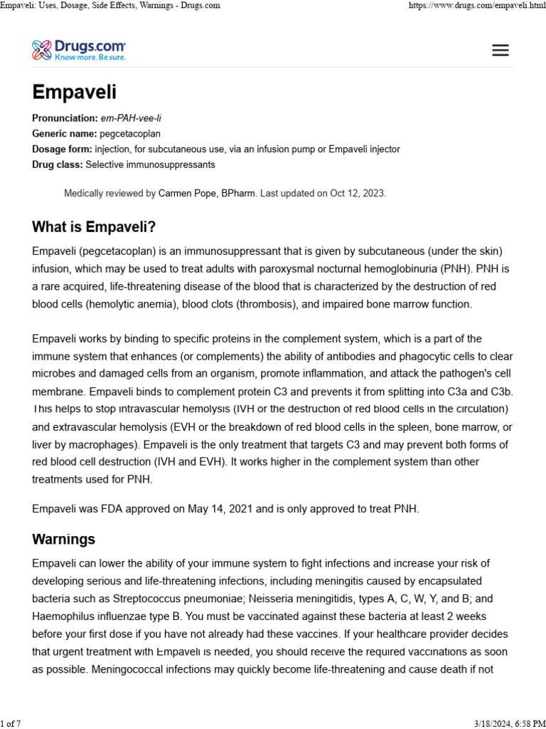 Empaveli Uses, Dosage, Side Effects, Warnings | PDF | Clinical Medicine ...