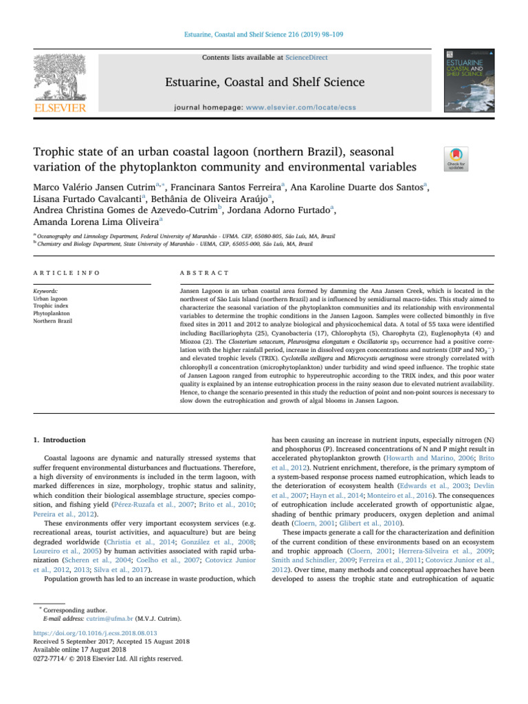 Trophic State of An Urban Coastal Lagoon | PDF | Eutrophication ...