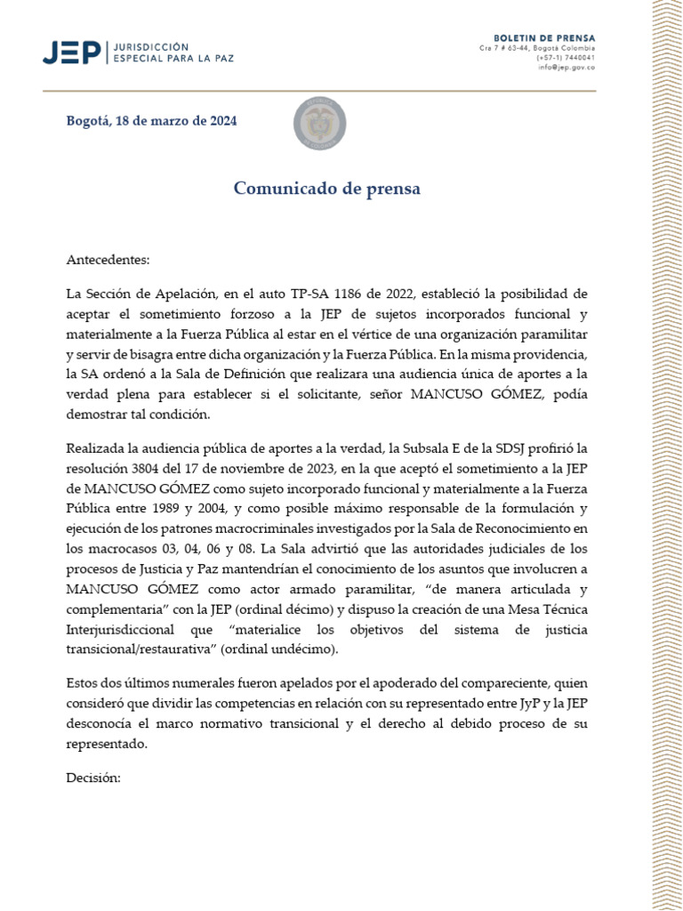 Comunicado 028 - Sección de Apelación - Salvatore Mancuso | PDF | Apelación | Judicaturas