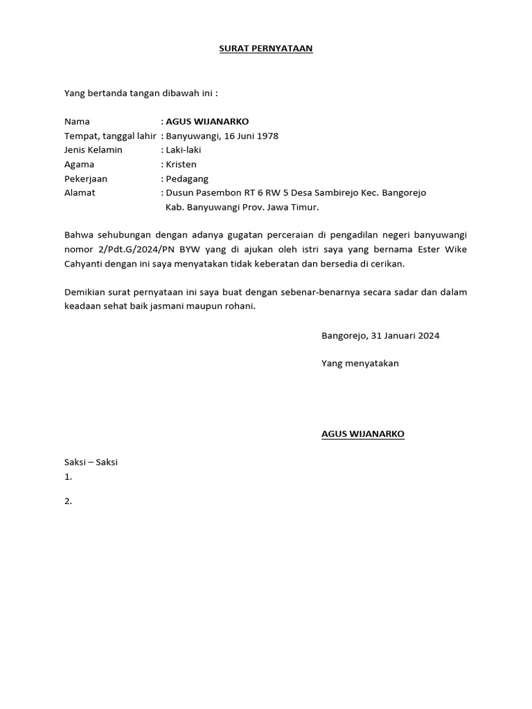 SURAT KESEPAKATAN BERCERAI | PDF