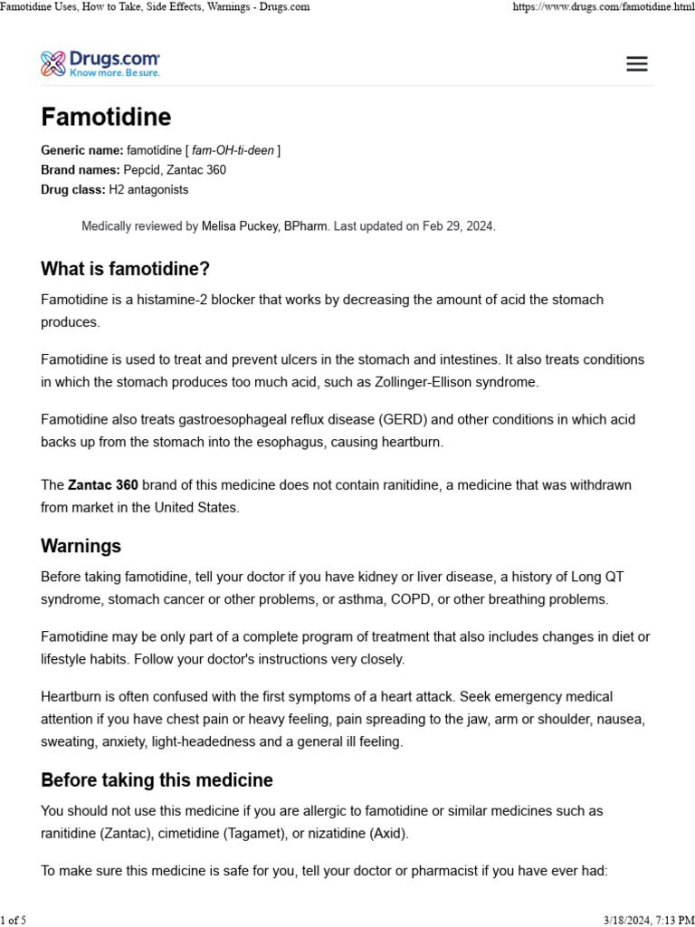 Famotidine Uses, How To Take, Side Effects, Warnings | PDF | Over The ...