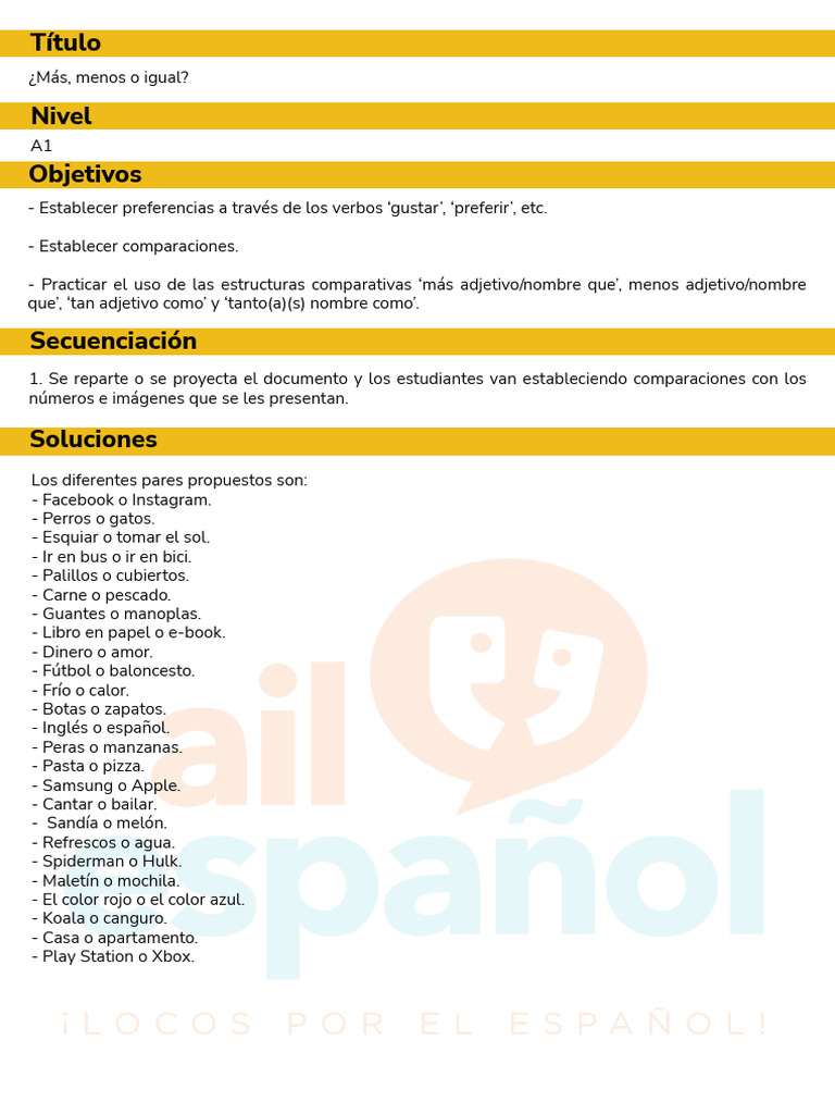 Secuenciacion Ejercicio Espanol Comparativos Mas Menos Que Tan Como | PDF