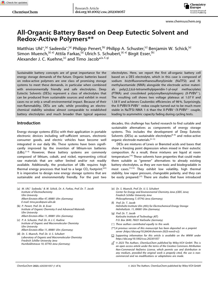 ChemSusChem - 2023 - Uhl - All Organic Battery Based On Deep Eutectic ...