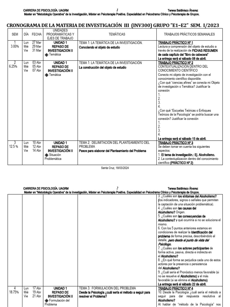 Cronograma Inv Iii (E1-E2) | PDF | Sicología | Psicoterapia