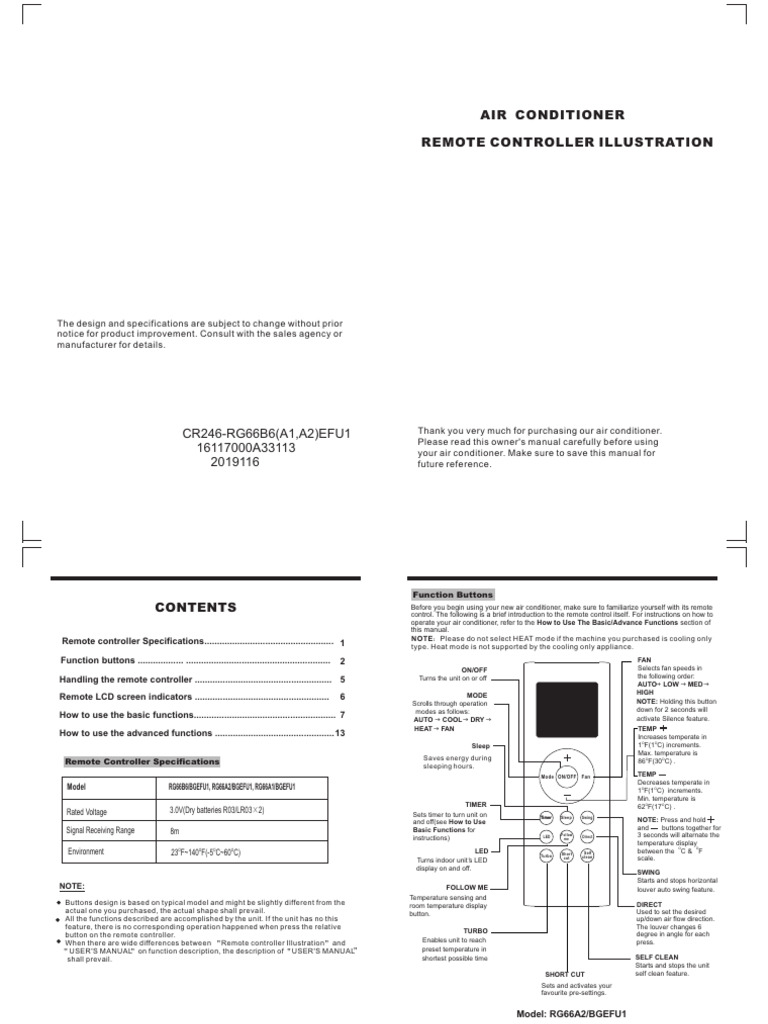 Air Conditioner Remote Manual | PDF | Air Conditioning | Remote Control