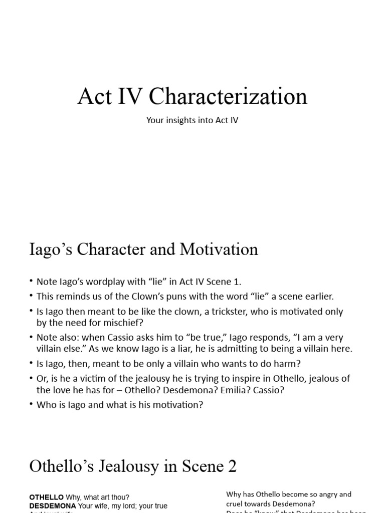 Act IV Characterization | PDF | Othello | Iago