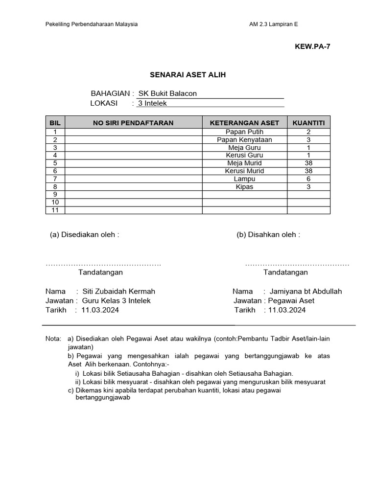 Kew - Pa-7 Borang Senarai Aset Alih | PDF