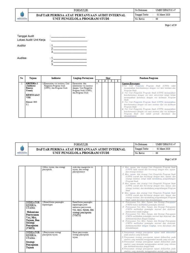 UMBY DPM F.05.47 Form Daftar Periksa Audit UPPS | PDF