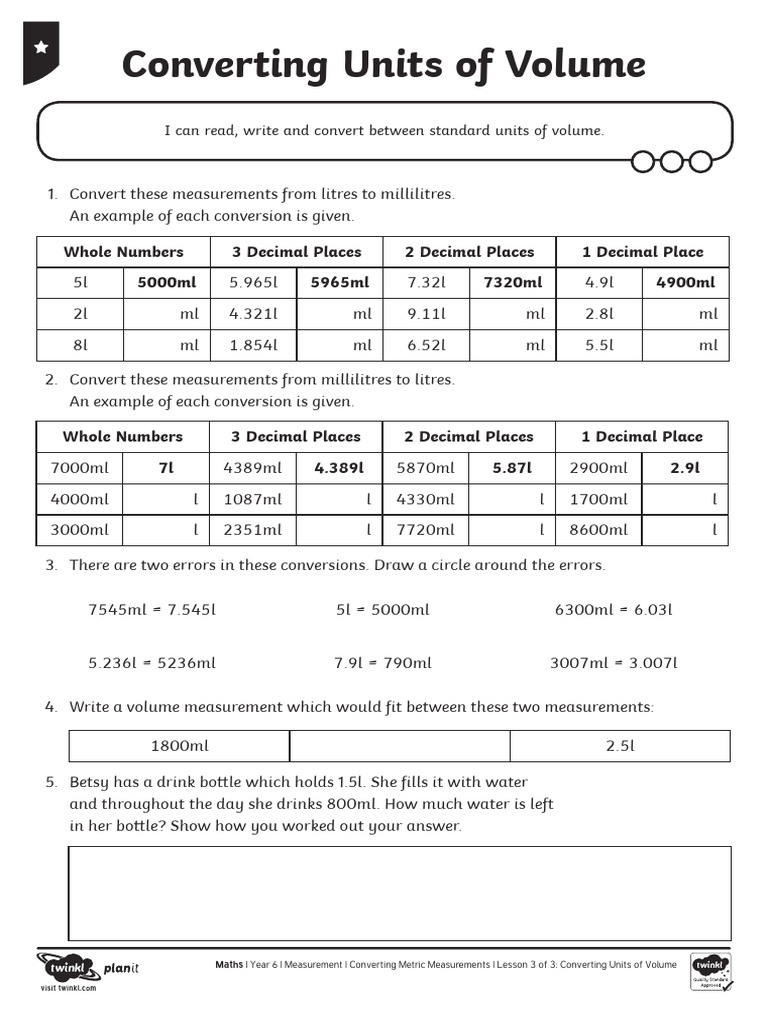 Activity Sheet Converting Units of Volume 1 | PDF | Litre | Volume