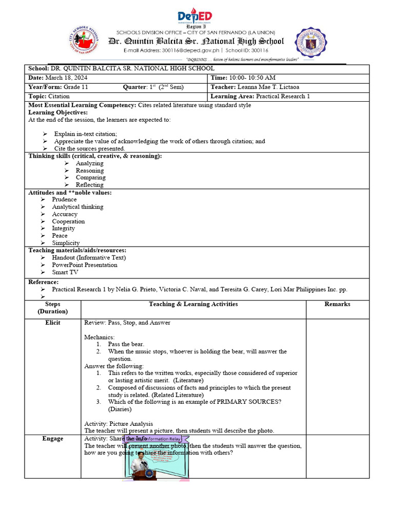 Cot-3-Demo Teaching in Practical Research 1 | PDF | Citation | Learning