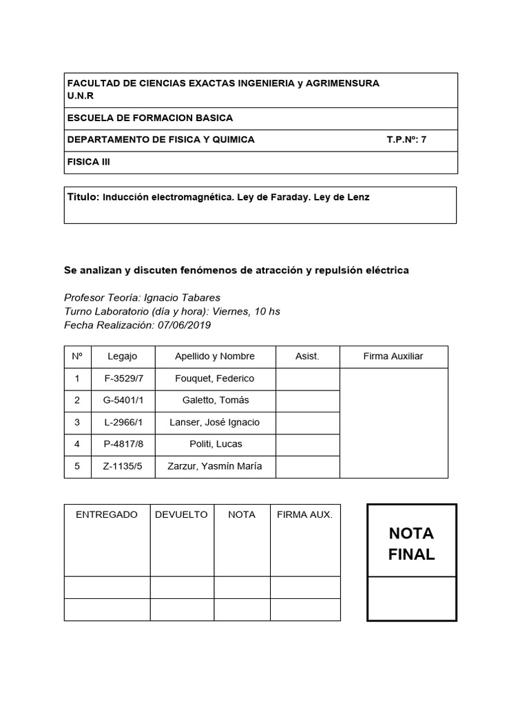 Laboratorio de Fisica - Faraday - Lenz | PDF | Inducción electromagnética | Inductor