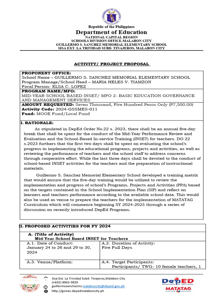 Project-Proposal INSET 2024 | PDF | Teachers