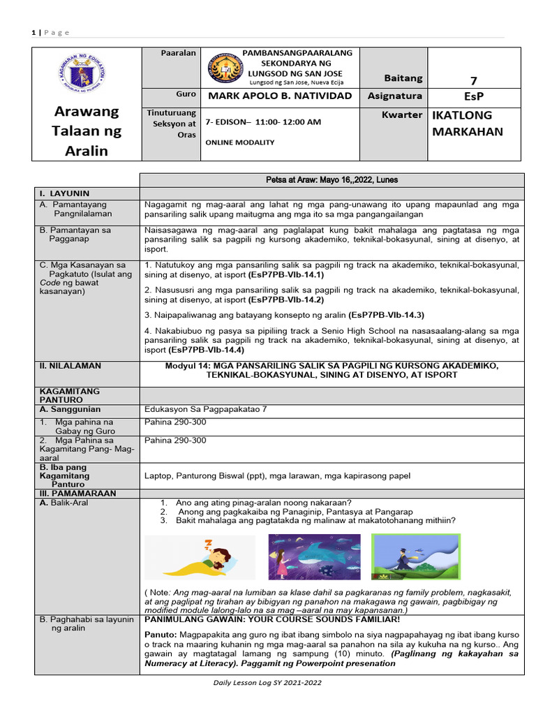 DLL Modyul 14 Pansariling Salik | PDF