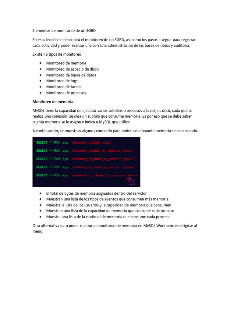 Elementos de monitoreo de un SGBD | PDF | Bases de datos | Mi sql