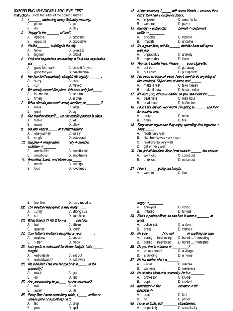 Oxford English Vocabulary Level Test | PDF