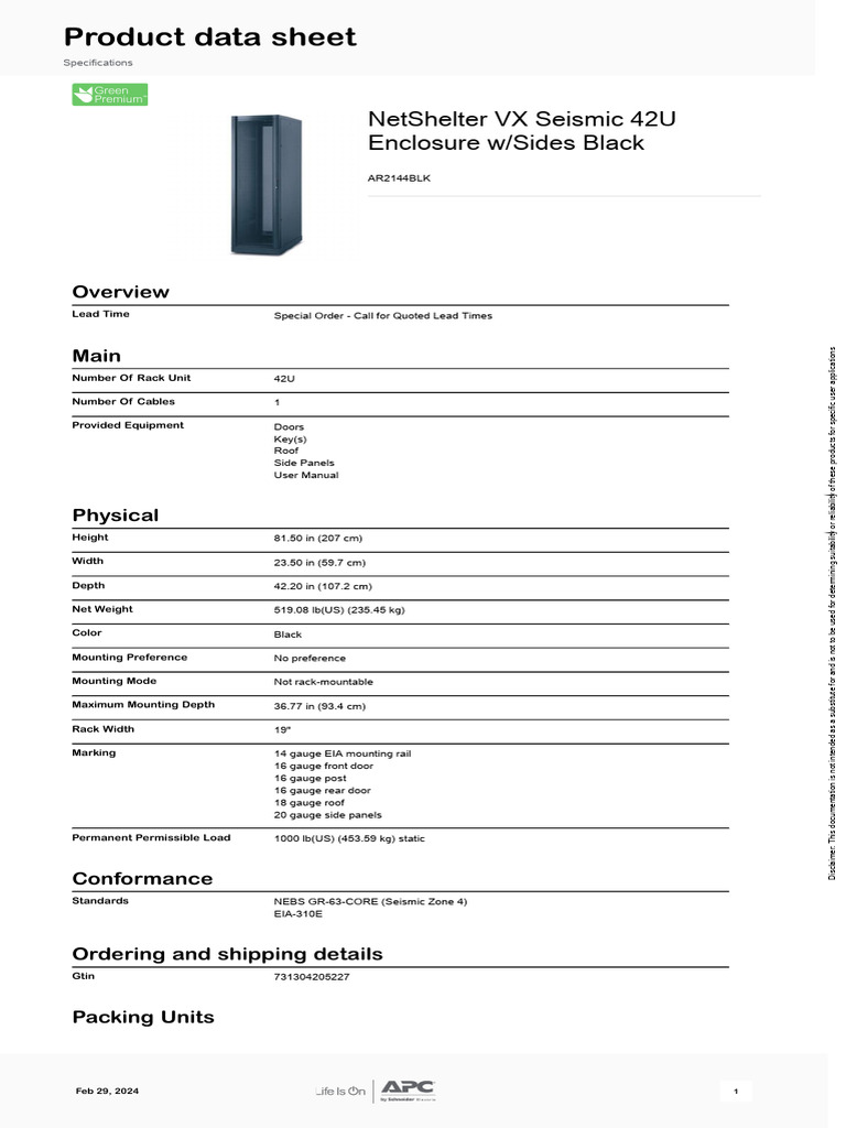 APC NetShelter-Specialty-Enclosures AR2144BLK | PDF