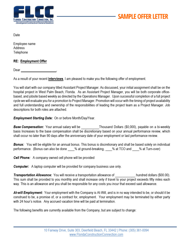 Employment Offer Letter Sample | PDF | Employment | Employee Relations