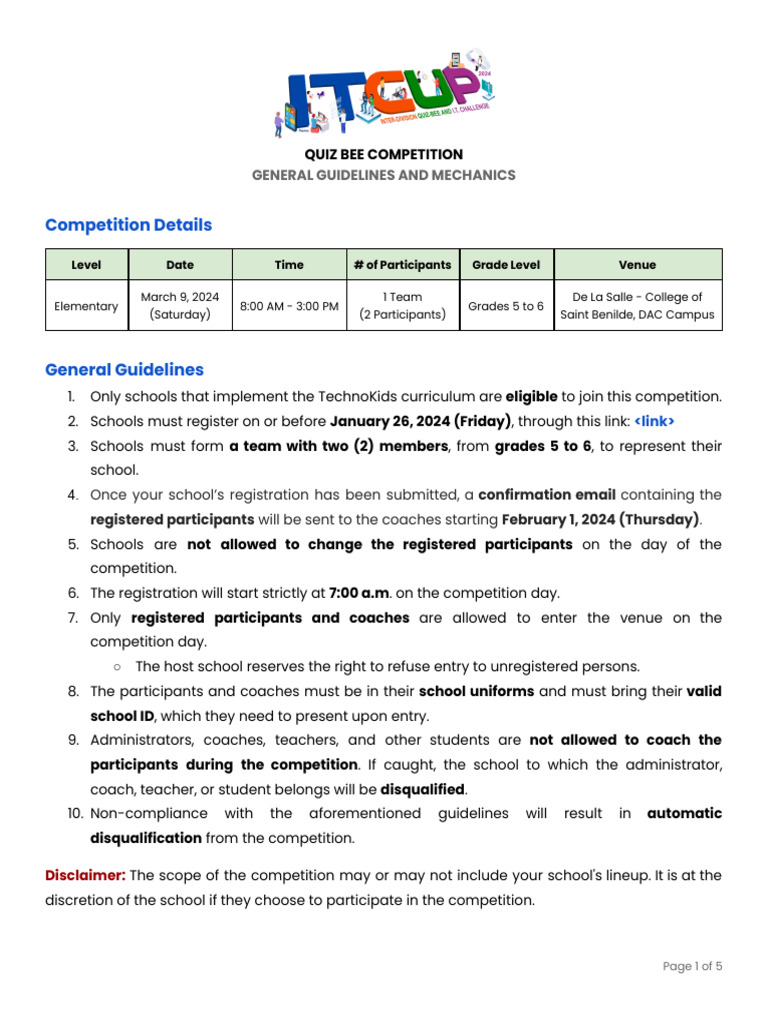 ITCUP 2024 Quiz Bee Competition General Guidelines Mechanics | PDF ...