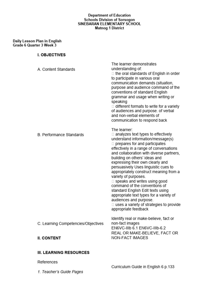 Daily Lesson Plan in English Cot | PDF | Learning | Communication