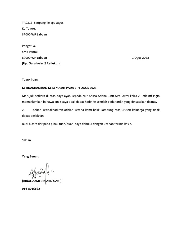 Surat Ketidakhadiran Nur Arissa Ariana | PDF