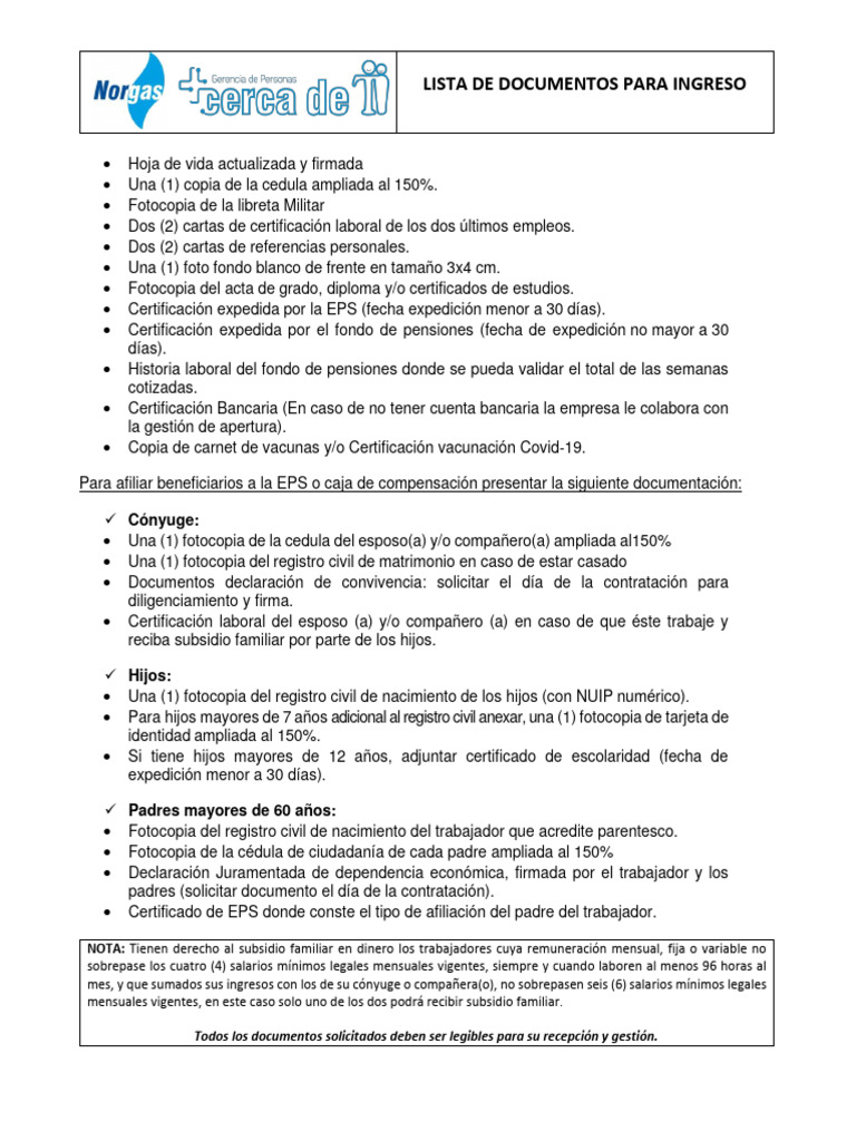 Listado de Doc de Ingreso Administración - Operaciones - Norgas | PDF | Salario | Documento de ...