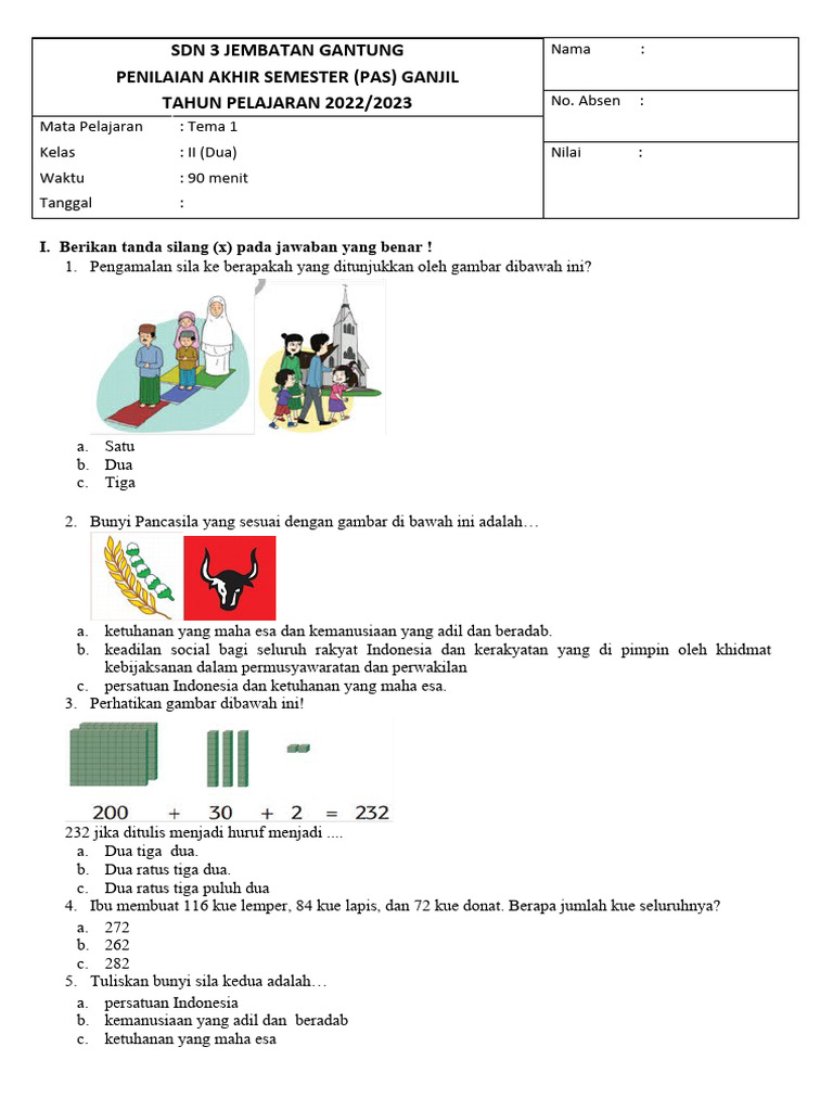 Soal Pas Kelas 2 Tema 1 | PDF