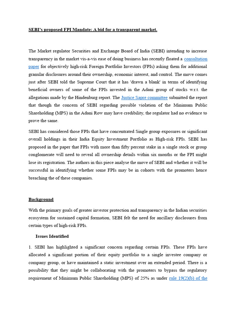 SEBI's Proposed FPI Mandate A Bid For A Transparent Market. | PDF ...