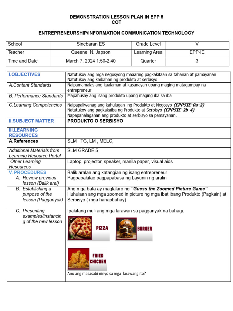 COT 2 EPP 5 Lesson Plan | PDF