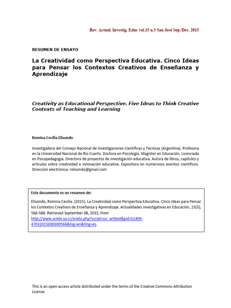 M2 - RESUMEN TEXTO - La Creatividad Como Perspectiva Educativa | PDF | Aprendizaje | Enseñando