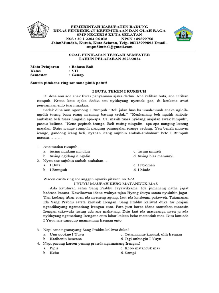 Soal PTS Kelas VII SMT Genap 2023-2024 | PDF | Seni