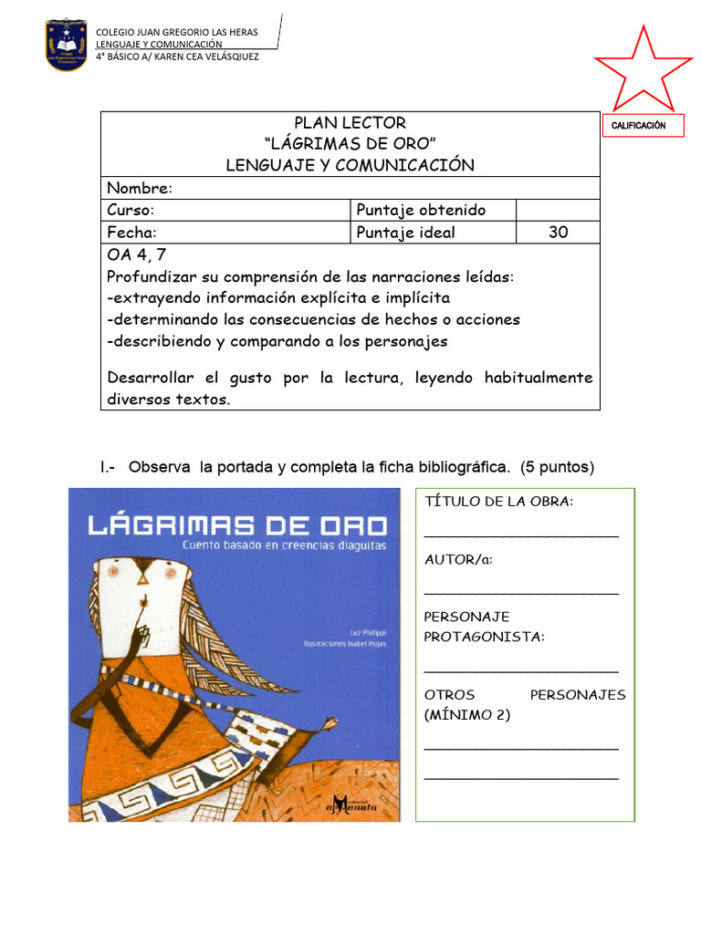 Evaluacion Lágrimas de Oro Lenguaje 4 Básico | PDF