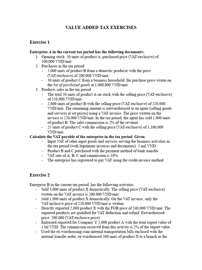 VAT Calculation Exercises for Enterprises | PDF | Value Added Tax | Taxes