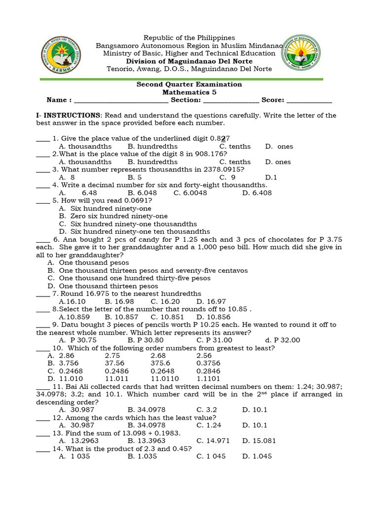 2nd Quarter Math 5 Exam TOS | PDF | Significant Figures | Mathematics