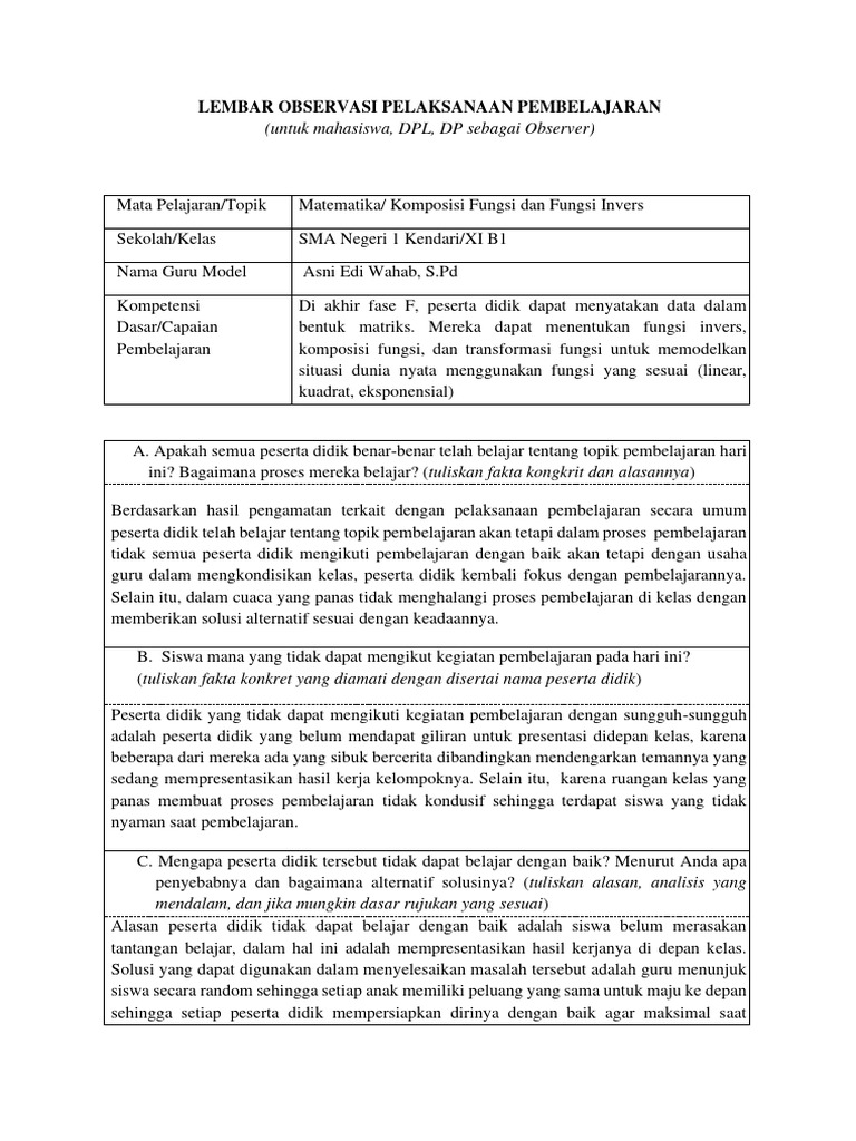Lampiran 5. LK 4 Lembar Observasi Pelaksanaan Pembelajaran Untuk Observer Pembelajaran 2 | PDF ...