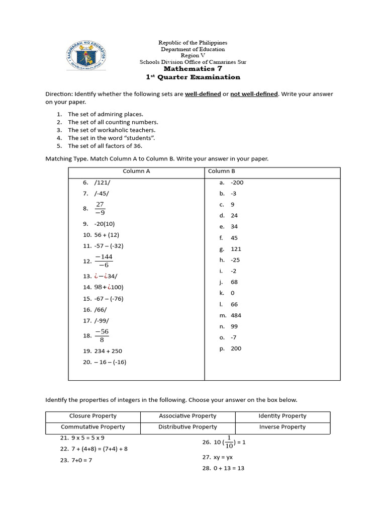 Math7 - 1st Quarter | PDF | Decimal | Algebra