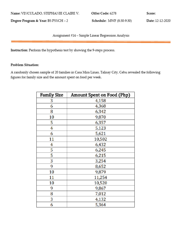 VINCULADO-STEPHANIE-Assignment #14 - Simple Linear Regression Analysis ... VINCULADO-STEPHANIE-Assignment #14 - Simple Linear Regression Analysis ...