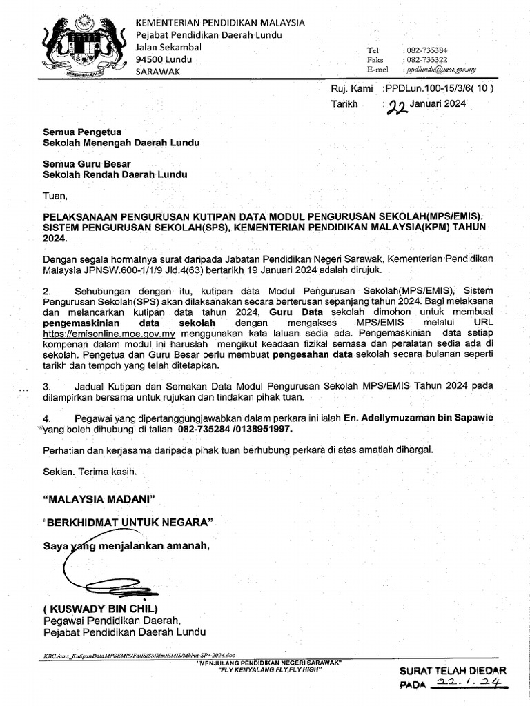 Surat Pelaksanaan Pengurusan Kutipan Data Mps Emis Sps KPM 2024 | PDF