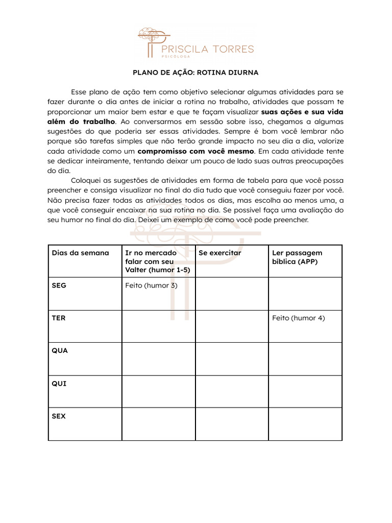 Plano de Ação - Rotina Diurna | PDF
