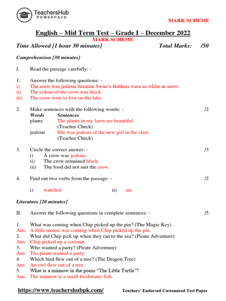 English - Mid Term Test - Grade I - December 2022 MS | PDF