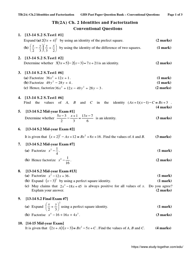 Good Hope School 13-18-2A Ch.2 Identities Factorization CQ | PDF | Elementary Mathematics ...
