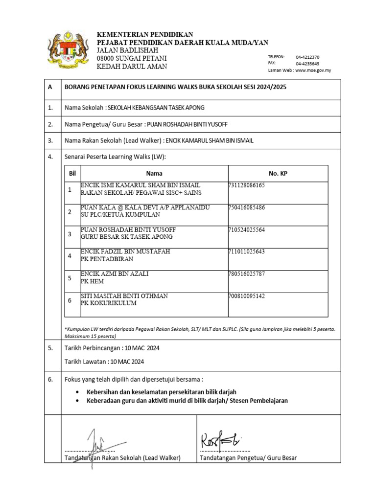 Proses Learning Walks Sekolah 2024 | PDF