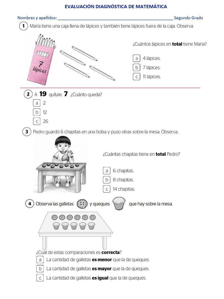 Prueba Diagnóstica Matemática, Conozcamos Nuestros Aprendizajes. 2do ...