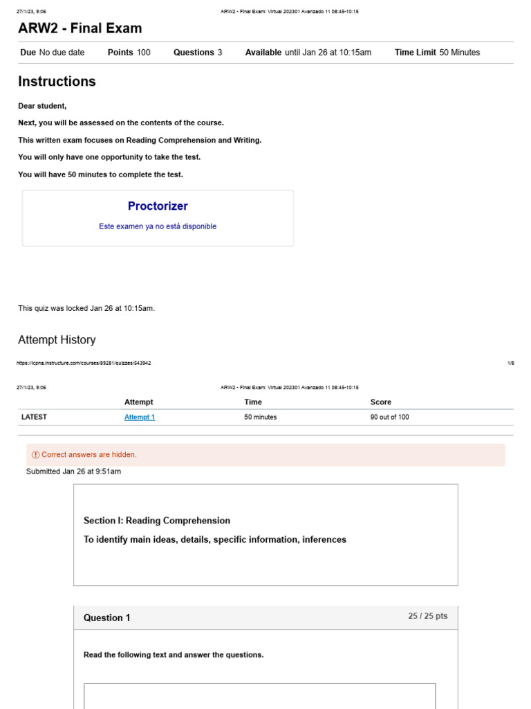 ARW2 - Final Exam - Virtual 202301 Avanzado 11 08 - 45-10 - 15 | PDF | Reading Comprehension