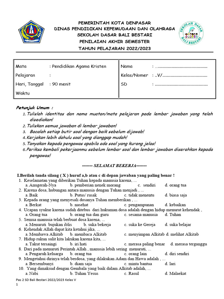 Penilaian Akhir Semester 2 Agama Kristen Kela 5 | PDF