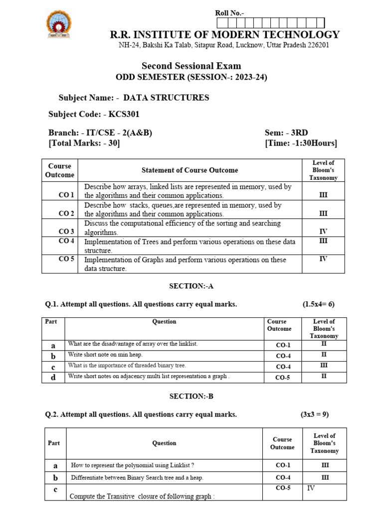 Data Tructure B. TECH 2ND SESSIONAL PAPER FORMAT | PDF | Discrete Mathematics | Algorithms And ...