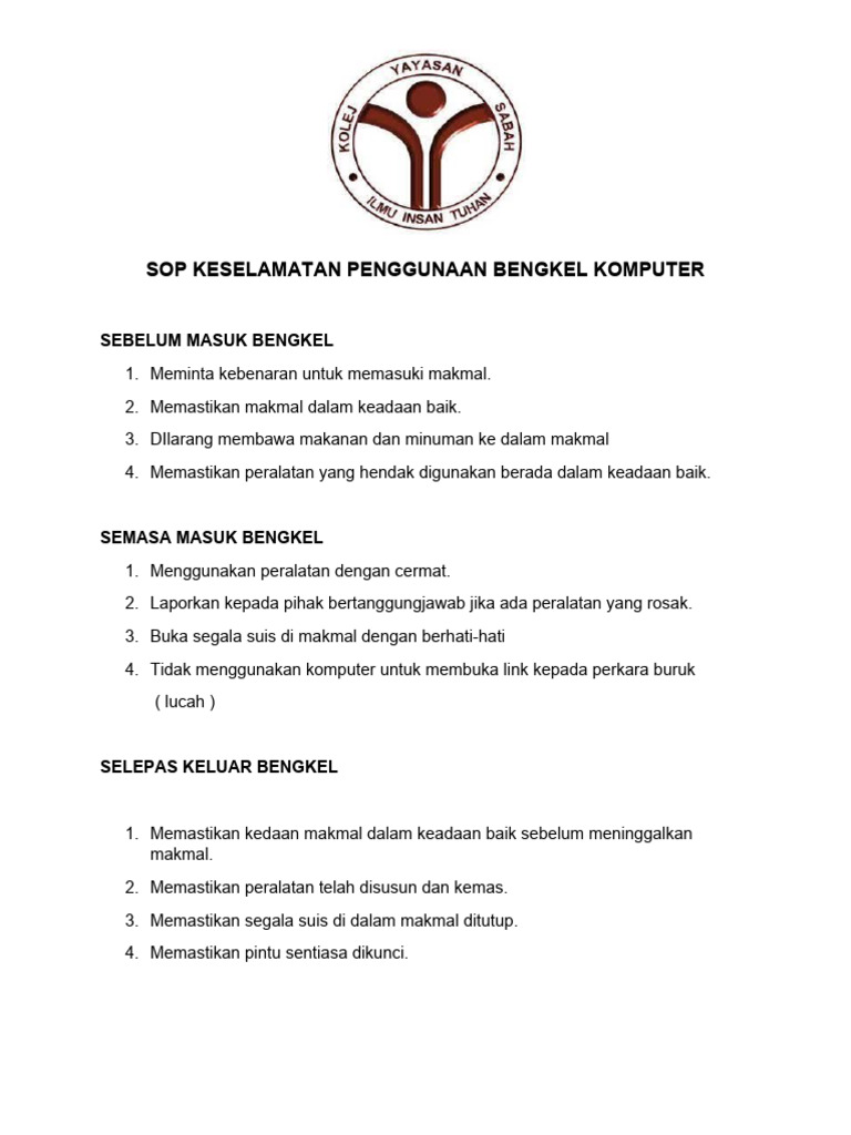 Sop Keselamatan Penggunaan Bengkel Komputer | PDF